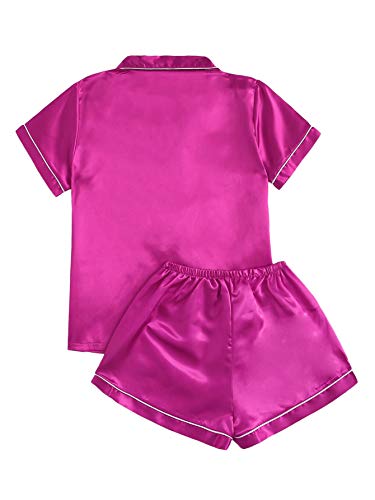 SweatyRocks Women's Short Sleeve Sleepwear Button Down Satin 2 Piece Pajama Set Hot Pink Small