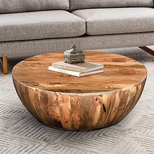 The Urban Port Mango Wood Coffee Table in Round Shape, Dark Brown