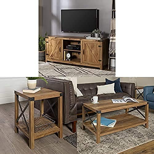 Walker Edison Furniture Company Farmhouse Barn Wood Universal Stand for TV with Square Side Accent Living Room Small End Table, 18 Inch and Wood Rectangle Accent Coffee Table Ottoman Storage Shelf