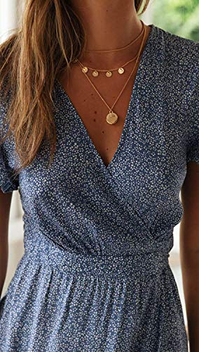 ZESICA Women's 2023 Bohemian Floral Printed Wrap V Neck Short Sleeve Split Beach Party Maxi Dress,Light BlueFloral,Small