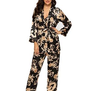 Escalier Women's Silk Satin Pajamas Set 3 Pcs Floral Silky Pj Sets Sleepwear Cami Nightwear with Robe and Pants Black M