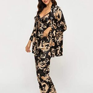 Escalier Women's Silk Satin Pajamas Set 3 Pcs Floral Silky Pj Sets Sleepwear Cami Nightwear with Robe and Pants Black M