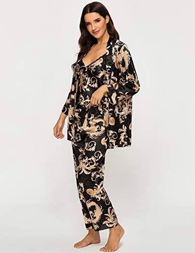 Escalier Women's Silk Satin Pajamas Set 3 Pcs Floral Silky Pj Sets Sleepwear Cami Nightwear with Robe and Pants Black M