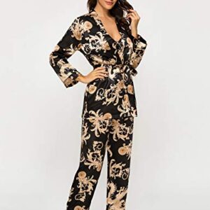 Escalier Women's Silk Satin Pajamas Set 3 Pcs Floral Silky Pj Sets Sleepwear Cami Nightwear with Robe and Pants Black M