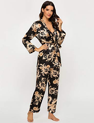 Escalier Women's Silk Satin Pajamas Set 3 Pcs Floral Silky Pj Sets Sleepwear Cami Nightwear with Robe and Pants Black M