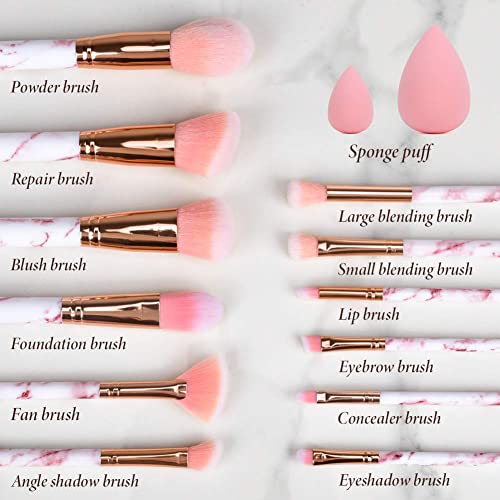 Makeup Brushes START MAKERS Professional 12Pcs Pink Marble Makeup Brush Set with Foundation Concealer Blush Eyeshadow Make Up Brushes Beauty Blender and Make Up Bag