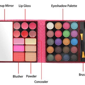 All in one Makeup Kit, Eyeshadow Palette Lip Glosses Blusher Concealer Powder Brush Mirror,Professional makeup kit set for women girls teens or Beginner,32 Color (1Pc) Red