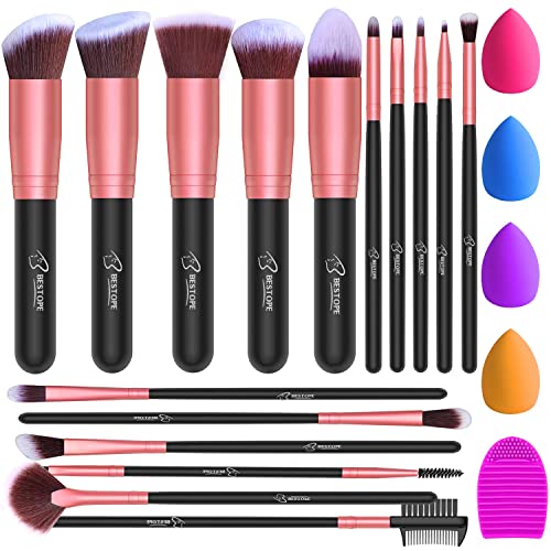 BESTOPE PRO 16Pcs Makeup Brushes Set, 4Pcs Beauty Blender Sponge Set and 1 Brush Cleaner, Premium Synthetic Foundation Brushes Blending Face Powder Eye Shadows Make Up Brushes Kit (Black Rose Gold)