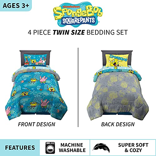 Franco Kids Bedding Super Soft Comforter and Sheet Set, 4 Piece Twin Size, Spongebob