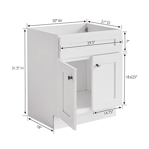 Design House 586941 Bath Unassembled Modern 2-Door Shaker Bathroom Vanity Cabinet Only, 30 x 21, White