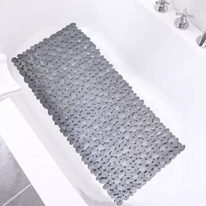 songziming pebble bath mat 35x16 inches for bathtub to non slip in shower with drain holes, suction cups (grey)