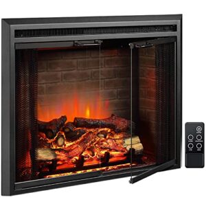 puraflame klaus electric fireplace insert with fire crackling sound, glass door and mesh screen, 750/1500w, black, 33 1/16 inches wide, 25 9/16 inches high