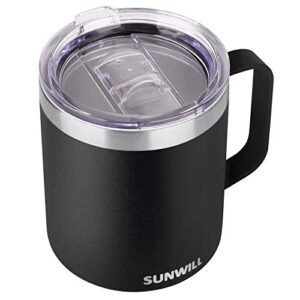 sunwill coffee mug with handle, 14oz insulated stainless steel reusable coffee cup, double wall coffee travel mug, powder coated black