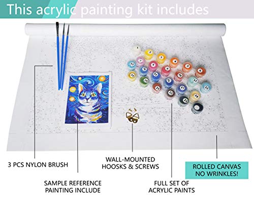 VATO DIY Oil Painting Paint by Numbers kit Canvas Painting for Adults & Kids Beginner,16" x 20"(Starry Sky & Cat)