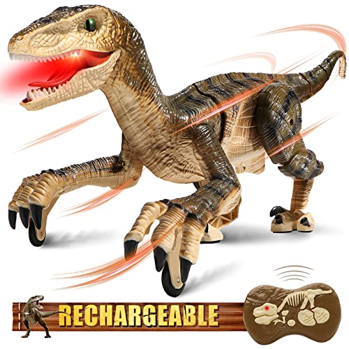 Hot Bee Remote Control Dinosaur Toys for Boys 4-7 8-12, Walking Robot Dinosaur Toy w/Light & Roaring Simulation Velociraptor, Dinosaur Gifts for Boys Age 4 5 6 7 8-12