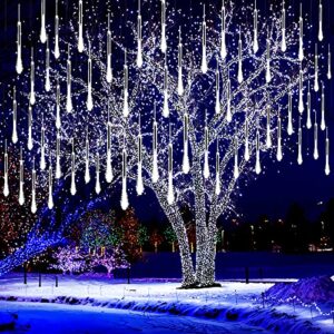 kwaiffeo christmas lights outdoor, meteor shower lights falling rain lights 12 inch 8 tube 192 led snow falling icicle cascading lights for xmas tree halloween decoration wedding party, ul plug, white