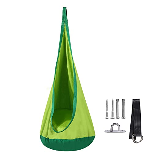 RedSwing Pod Swing for Kids, Cotton Child Hanging Pod Hammock Chair with Inflatable Cushion for Indoor Outdoor Use, Hardware Included, Green