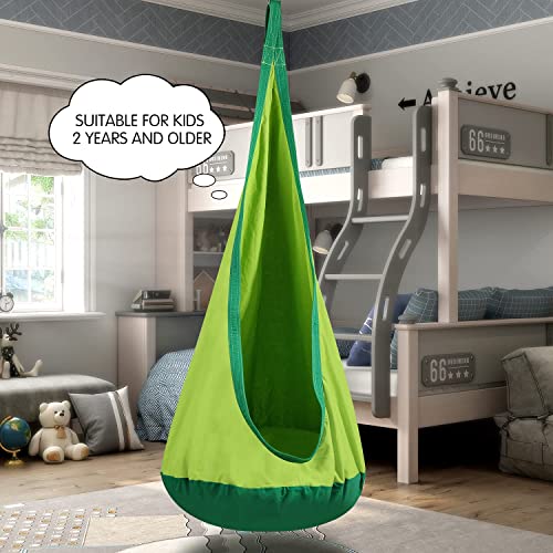 RedSwing Pod Swing for Kids, Cotton Child Hanging Pod Hammock Chair with Inflatable Cushion for Indoor Outdoor Use, Hardware Included, Green