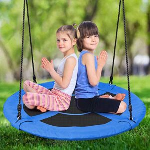 Odoland 40 inch Kids Saucer Tree Swing, Large Outdoor Chidren Round Rope Swing Installed on Tree and Backyard, 900D Waterproof Oxford Flying Saucer Platform Swing Great for 3 Kids or 1 Adult Blue