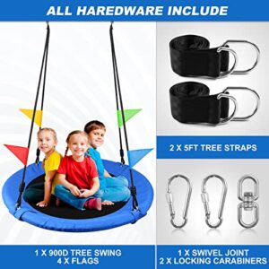 Odoland 40 inch Kids Saucer Tree Swing, Large Outdoor Chidren Round Rope Swing Installed on Tree and Backyard, 900D Waterproof Oxford Flying Saucer Platform Swing Great for 3 Kids or 1 Adult Blue