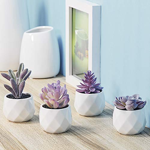 CADNLY Fake Succulent Plant Set for Women Desk - Realistic Artificial Mini Purple Succulent Décor in Ceramic Planter Pots for Bedroom Bathroom Office Shelf Decor