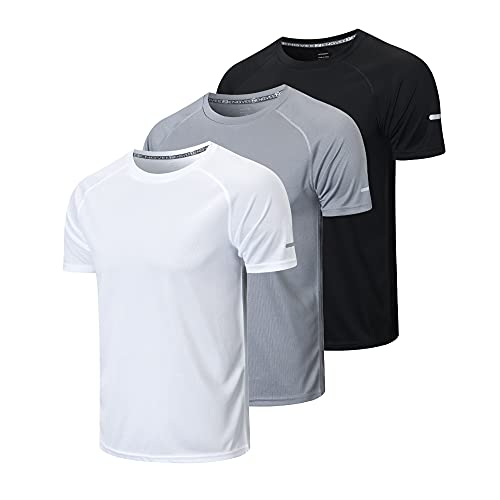 frueo Men’s 3 Pack Sport T-Shirt, Cool Dry Breathable Short Sleeve Mesh Fitness Shirt, Workout Gym Running Top,520,Black Gray White,S