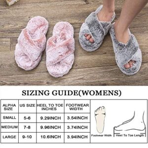 DL Fluffy Womens House Slippers Cross Band Open Toe, Soft Plush Fleece Bedroom Slippers Women Memory Foam, Comfy Fuzzy Slip On Non-Slip Womens Slippers Indoor Pink Gray Black White