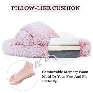 DL Fluffy Womens House Slippers Cross Band Open Toe, Soft Plush Fleece Bedroom Slippers Women Memory Foam, Comfy Fuzzy Slip On Non-Slip Womens Slippers Indoor Pink Gray Black White