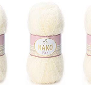 NAKO Paris, Knitting Yarn, Crochet Yarn, Acrylic Shawl Winter Hat Scarf Yarn - 3 Skein(Ball) 40% Premium Acrylic - 60% Polyamide Each Skein/Ball 100 gr 268 yds (2098-Cream)