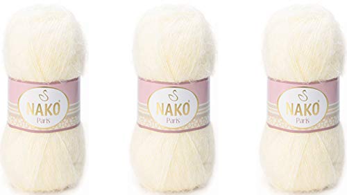 NAKO Paris, Knitting Yarn, Crochet Yarn, Acrylic Shawl Winter Hat Scarf Yarn - 3 Skein(Ball) 40% Premium Acrylic - 60% Polyamide Each Skein/Ball 100 gr 268 yds (2098-Cream)