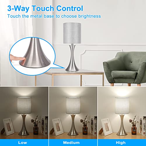 3 Way Touch Control Table Lamp, Dimmable Bedside Desk Lamp with Metal Base Modern Nightstand Lamp Stylish Grey Shade Simple Side Table Lamps for Bedroom, Living Room, Office or Den LED Bulb Included