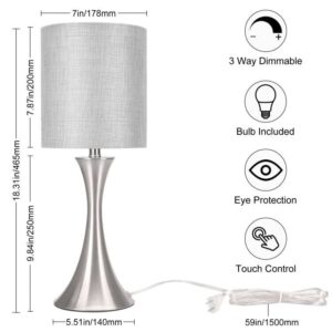 3 Way Touch Control Table Lamp, Dimmable Bedside Desk Lamp with Metal Base Modern Nightstand Lamp Stylish Grey Shade Simple Side Table Lamps for Bedroom, Living Room, Office or Den LED Bulb Included