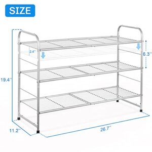 Bextsrack 3-Tier Shoe Rack, Stackable & Adjustable Wire Grid Shoe Shelf Storage Organizer for Closet Bedroom Entryway - Silver