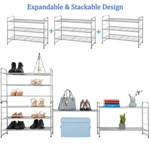 Bextsrack 3-Tier Shoe Rack, Stackable & Adjustable Wire Grid Shoe Shelf Storage Organizer for Closet Bedroom Entryway - Silver