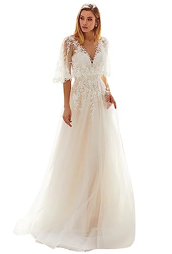 YMSHA Ball Gown Wedding Dresses Ivory Long Spaghetti Straps Sleeveless Lace Appliques Bohemian Bridal Gowns for Wedding Party 10