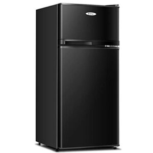 costway compact refrigerator, 3.4 cu. ft. classic fridge with adjustable removable glass shelves, mechanical control, recessed handle, fridge freezer for dorm, office, apartment, black