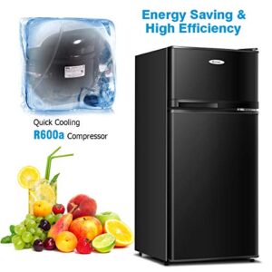 COSTWAY Compact Refrigerator, 3.4 Cu. Ft. Classic Fridge with Adjustable Removable Glass Shelves, Mechanical Control, Recessed Handle, Fridge Freezer for Dorm, Office, Apartment, Black