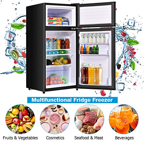 COSTWAY Compact Refrigerator, 3.4 Cu. Ft. Classic Fridge with Adjustable Removable Glass Shelves, Mechanical Control, Recessed Handle, Fridge Freezer for Dorm, Office, Apartment, Black