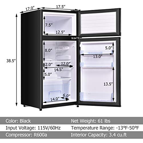 COSTWAY Compact Refrigerator, 3.4 Cu. Ft. Classic Fridge with Adjustable Removable Glass Shelves, Mechanical Control, Recessed Handle, Fridge Freezer for Dorm, Office, Apartment, Black