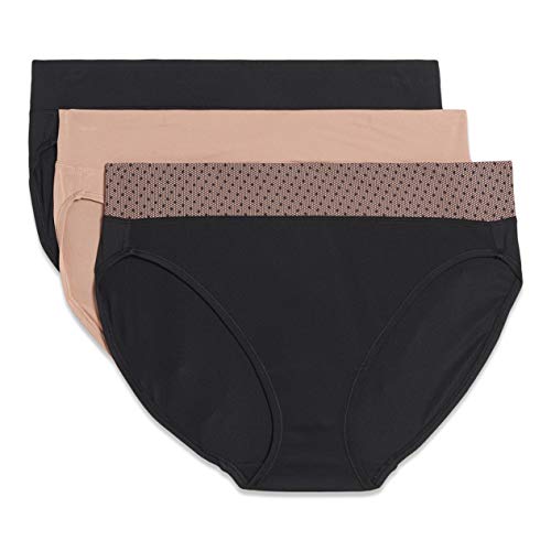 Warner's Women's Blissful Benefits Dig-Free Comfort Microfiber Hi-Cut 3-Pack 5138W, Black/Toasted Almond/Black with LACE DOT Print Waistband, XL