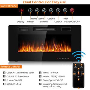 Tangkula 36 Inches Recessed Electric Fireplace, in-Wall & Wall Mounted Electric Heater with Adjustable Flame Color & Speed, Remote Control, Touch Screen, 750-1500W (36 Inches)