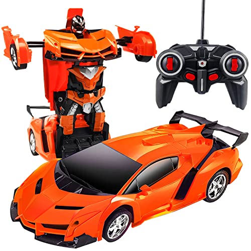 Ynybusi Remote Control Car, Transformation Car Robot Rc Cars for Kids Boys Girls Gift, 2.4G 1:18 Scale Racing Car with One-Button Deformation & 360°Drifting Robot Car Toy- Orange