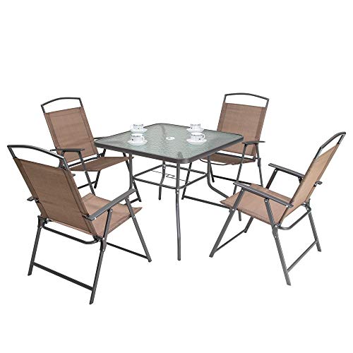 Crestlive Products 5 Piece Patio Dining Set with 4 Folding Chairs and Table Outdoor Dining Furniture with Square Glass Tabletop, Umbrella Hole for Bistro, Garden, Backyard, Deck (Brown)