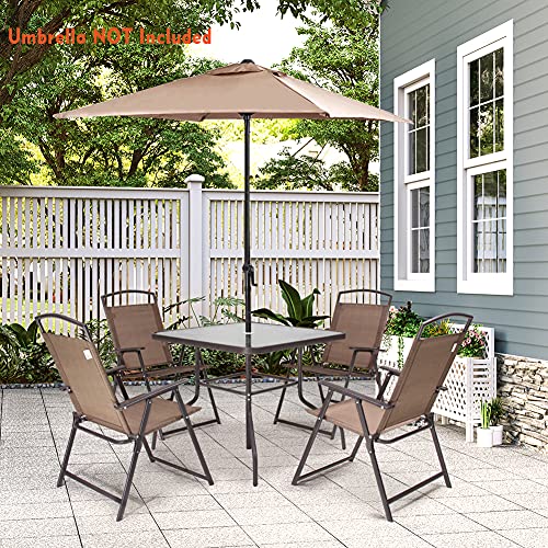 Crestlive Products 5 Piece Patio Dining Set with 4 Folding Chairs and Table Outdoor Dining Furniture with Square Glass Tabletop, Umbrella Hole for Bistro, Garden, Backyard, Deck (Brown)