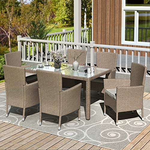 Harper & Bright Designs 7 Piece Patio Furniture Dining Set Outdoor Garden Wicker Rattan Dining Table Chairs Conversation Set (Beige-Brown)