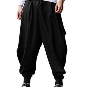 COOFANDY Men Linen Baggy Harem Pant Hippie Pants Yoga Casual Drop Crotch Trouser Black