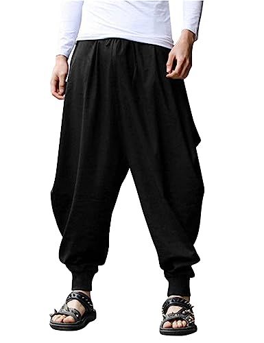 COOFANDY Men Linen Baggy Harem Pant Hippie Pants Yoga Casual Drop Crotch Trouser Black