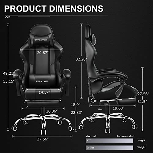 GTPLAYER Gaming Chair, Computer Chair with Footrest and Lumbar Support, Height Adjustable Game Chair with 360°-Swivel Seat and Headrest and for Office or Gaming (Black)