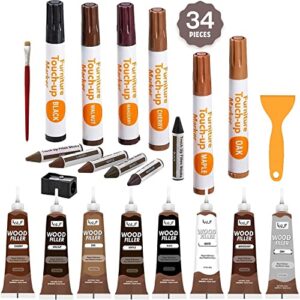 Katzco Total Furniture Repair Kit - Set of 34 - Resin Repair Wood Filler, Brushes, Markers with Plastic Scraper - for Stains, Scratches, Wood Floors, Tables, Desks, Carpenters, Bedposts