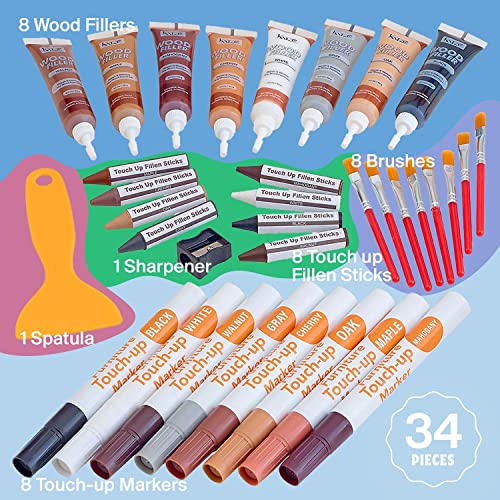 Katzco Total Furniture Repair Kit - Set of 34 - Resin Repair Wood Filler, Brushes, Markers with Plastic Scraper - for Stains, Scratches, Wood Floors, Tables, Desks, Carpenters, Bedposts